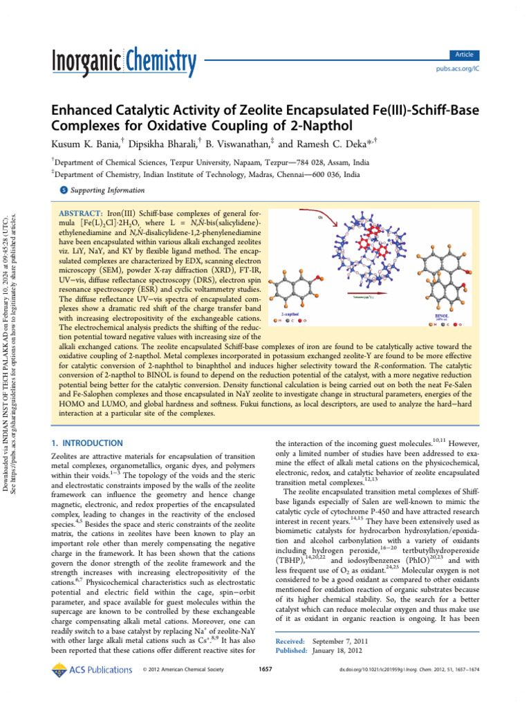 Bania Et Al 2012 Enhanced Catalytic Activity of Zeolite Encapsulated Fe (III) Schiff Base ...