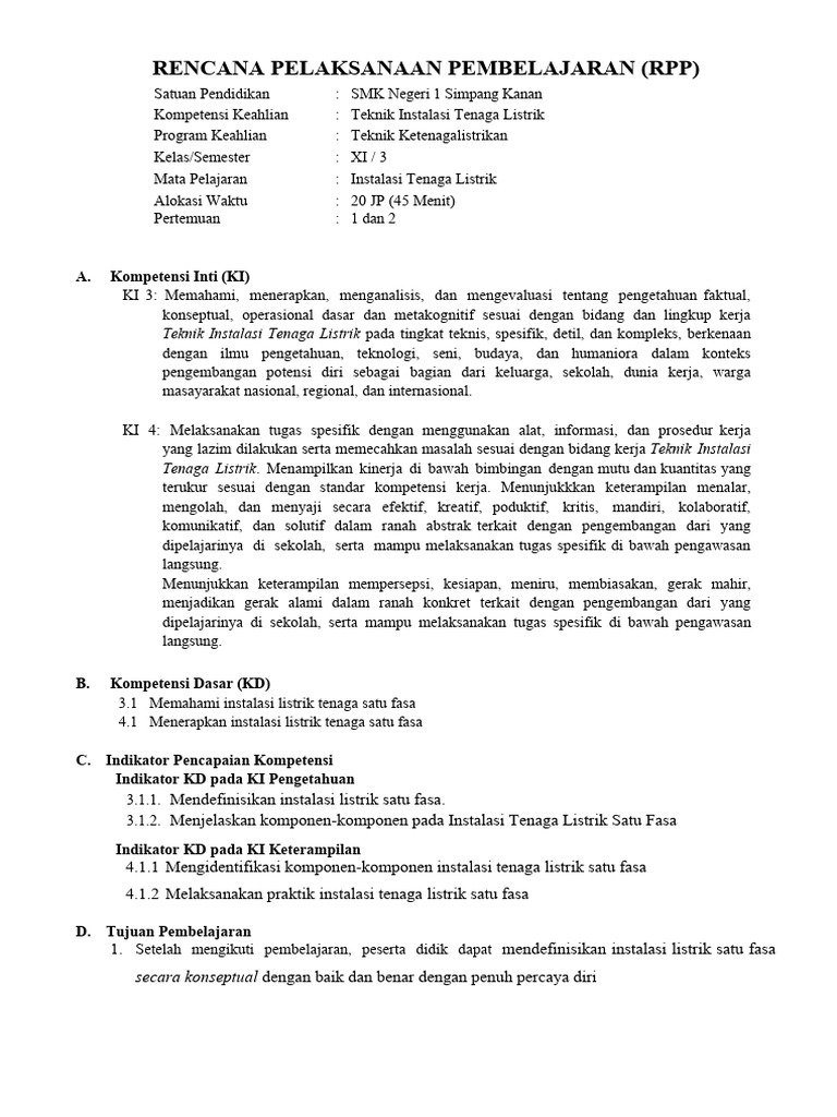 RPP KD 3.1 Instalasi Tenaga Listrik | PDF