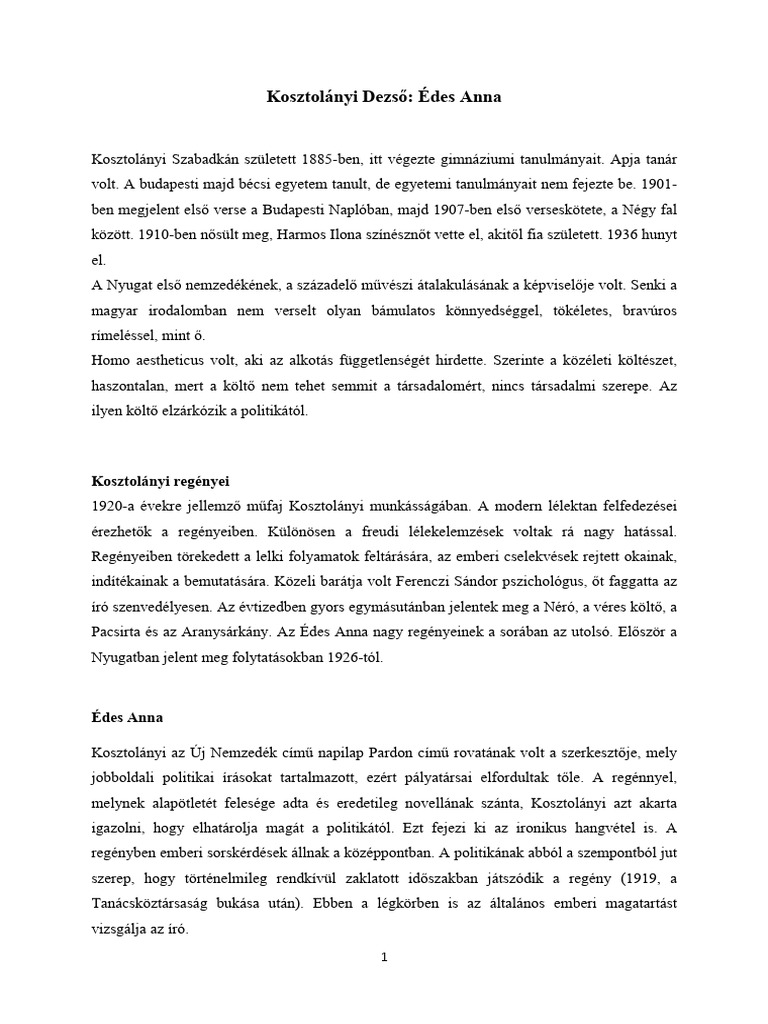 Kosztolányi Dezső Édes Anna | PDF