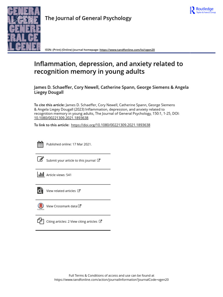 Inflammation Depression and Anxiety Related To Recognition Memory in Young Adults | PDF | Recall ...