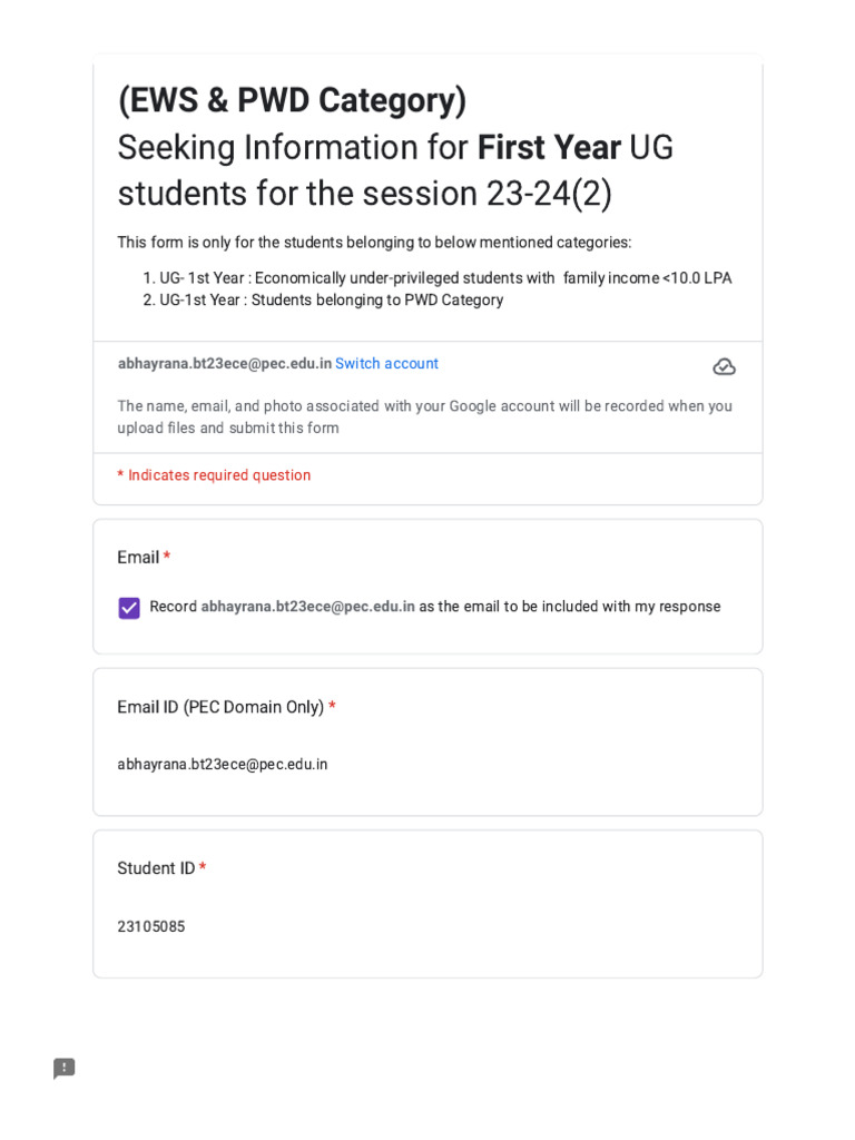 (EWS & PWD Category) Seeking Information For First Year UG Students For ...