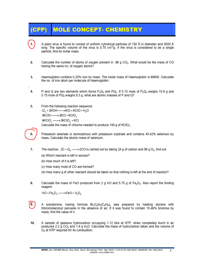 CPP-MOLE CONCEPT WEEK 1 Class 2 | PDF | Mole (Unit) | Chemical Reactions
