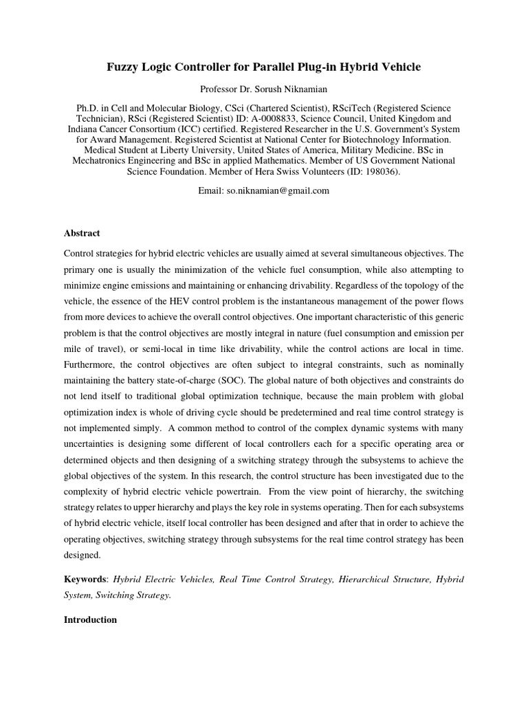 Fuzzy Logic Controller For Parallel Plug-In Hybrid Vehicle | PDF | Engines | Fuel Economy In ...