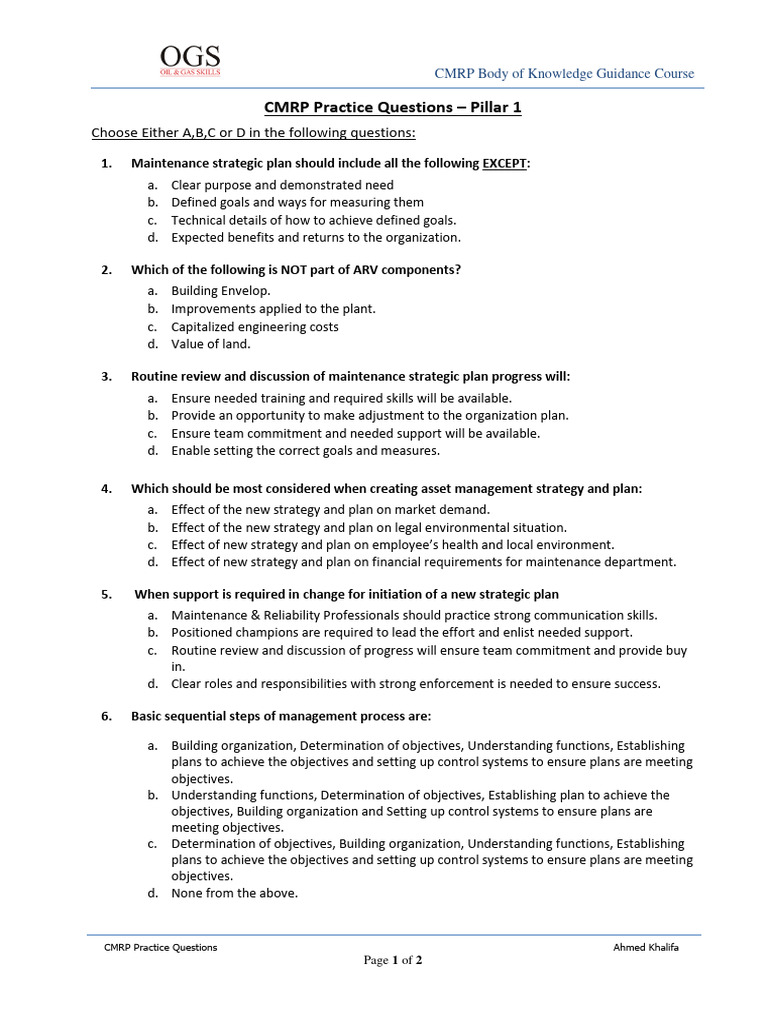 CMRP Practice Questions P1-OGS | PDF | Strategic Planning | Goal