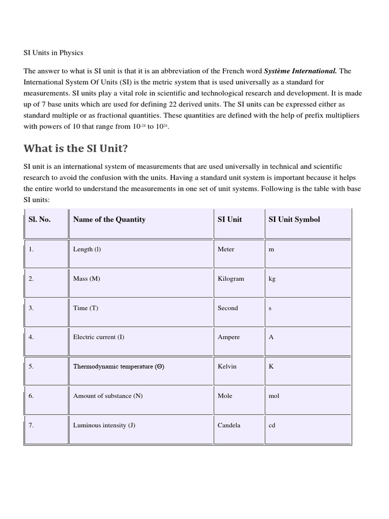 SI Units and Their Importance in Physics | PDF | International System ...