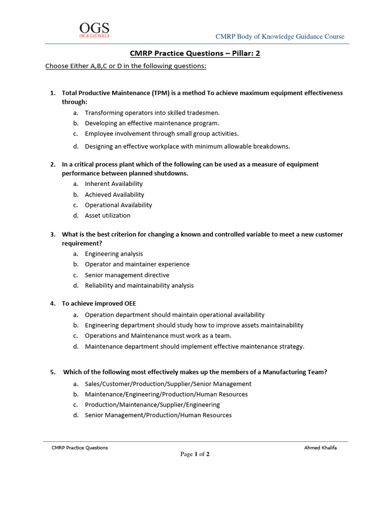 CMRP Practice Questions P2 - OGS | PDF | Reliability Engineering ...