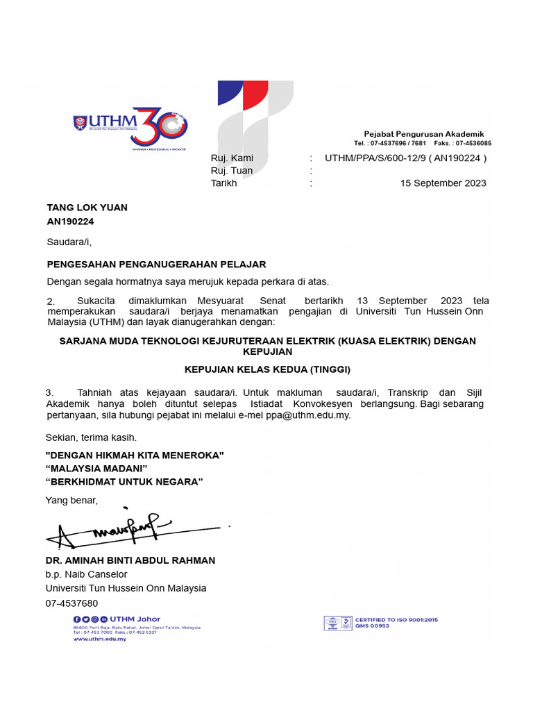 Surat Pengesahan Graduan AN190224 | PDF