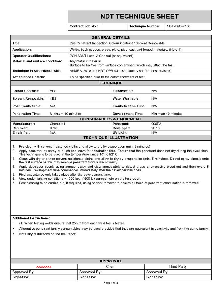 NDT-TEC-P100-11 DPI Solvent Removable Visible ASME V | PDF | Materials ...