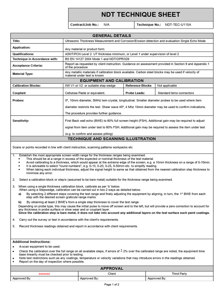 NDT-TEC-U115A Issue 1 Rev 0 UT thickness single echo mode | PDF ... NDT-TEC-U115A Issue 1 Rev 0 UT thickness single echo mode | PDF ...