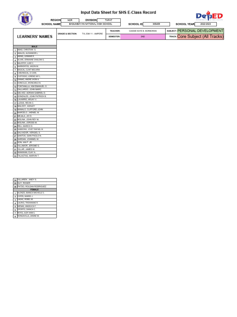 SHS E-Class Record 2022-2023 | PDF