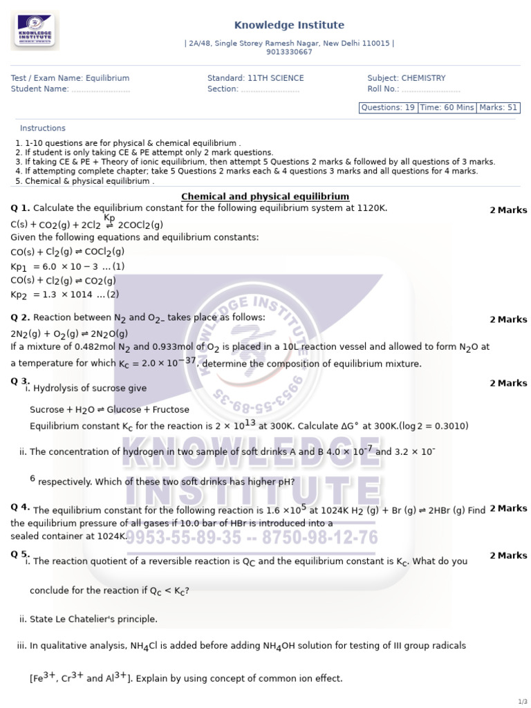 Equilibrium -11TH SCIENCE-CHEMISTRY (1) | PDF | Chemical Equilibrium ...