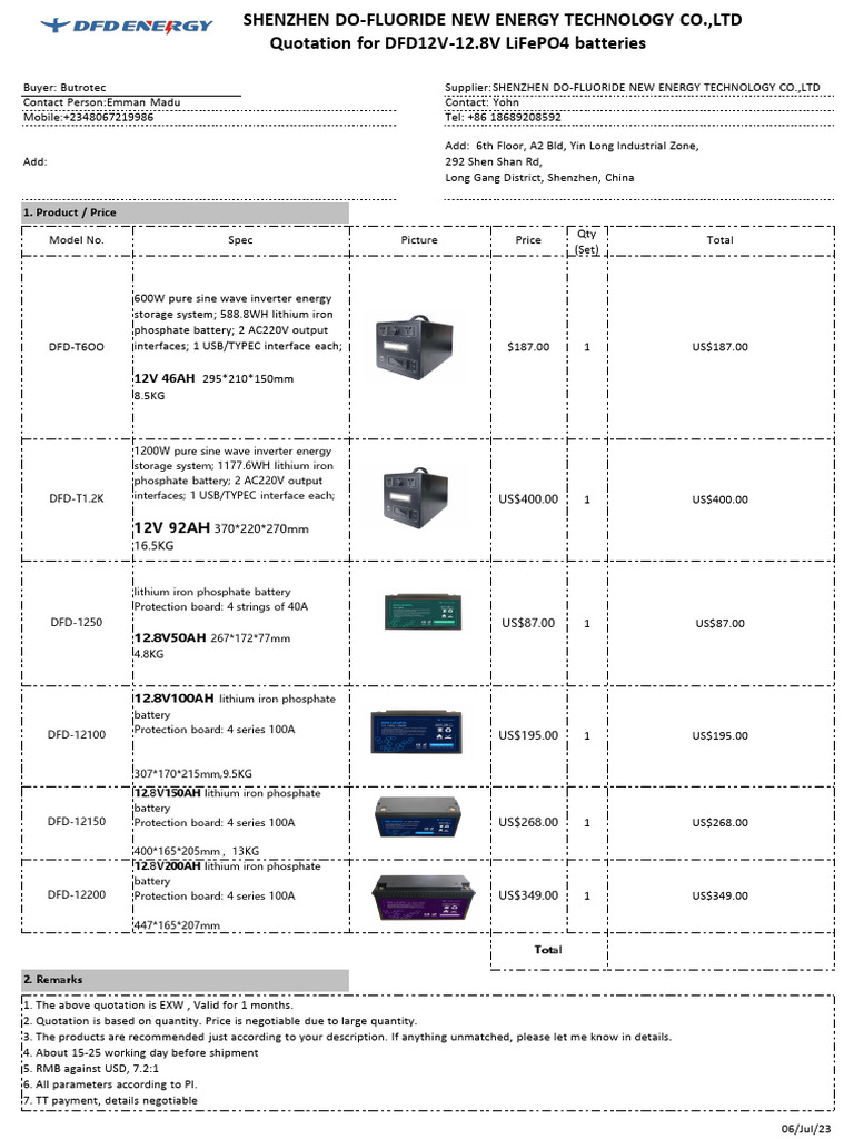 DFD Battery Quotation from Do-Fluoride | PDF | Lithium | Battery ...