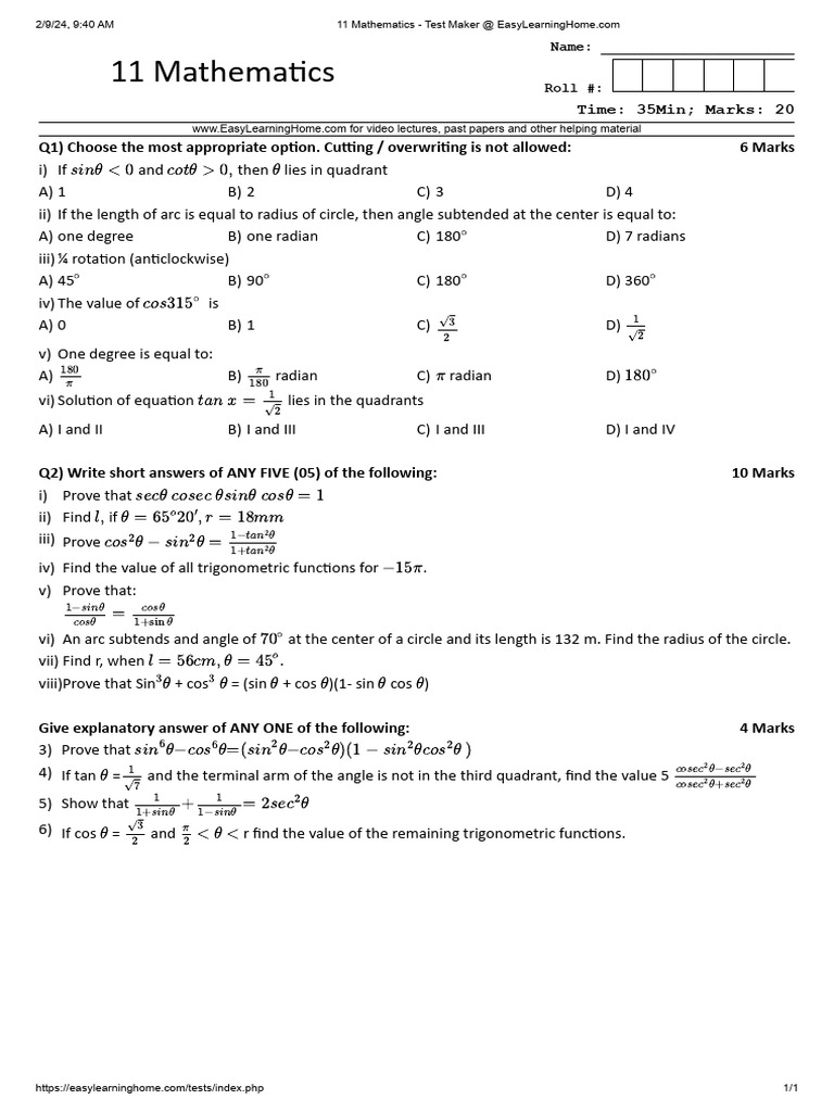 11th Grade Math Test Questions | PDF | Trigonometric Functions ...
