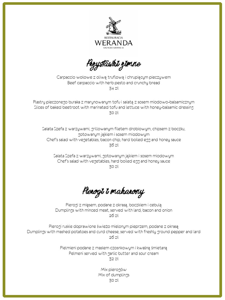 Restauracja Weranda Menu 2023 | PDF