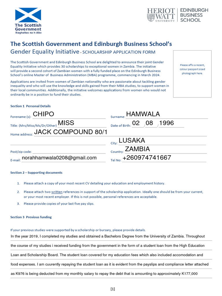 Women in Zambia Scholarship Application Form CHIPO FINAL | PDF | Gender ...