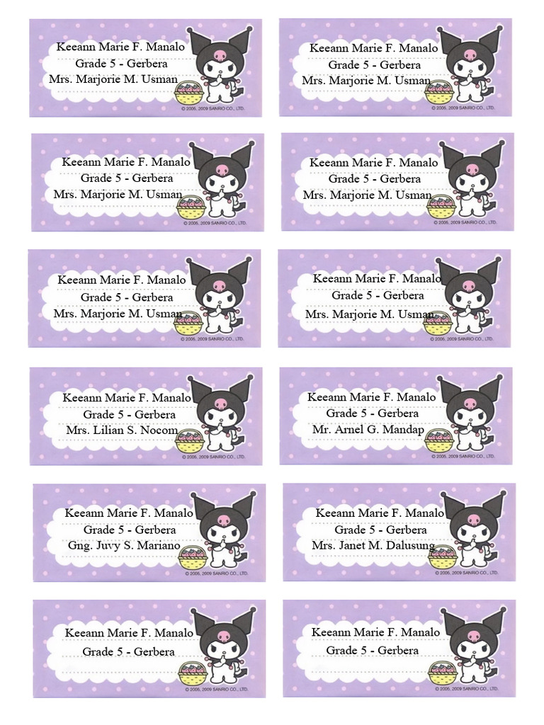 Name Sticker Kuromi Keeann | PDF