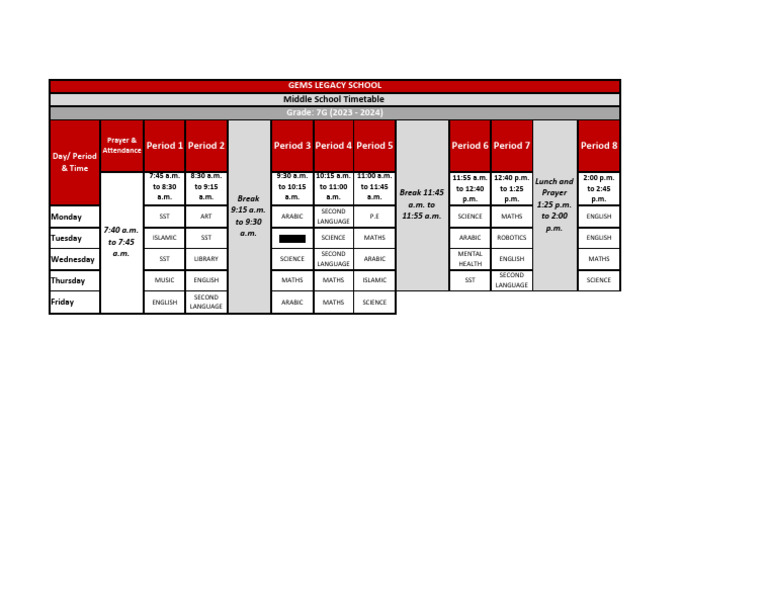 7G TT Time Table | PDF