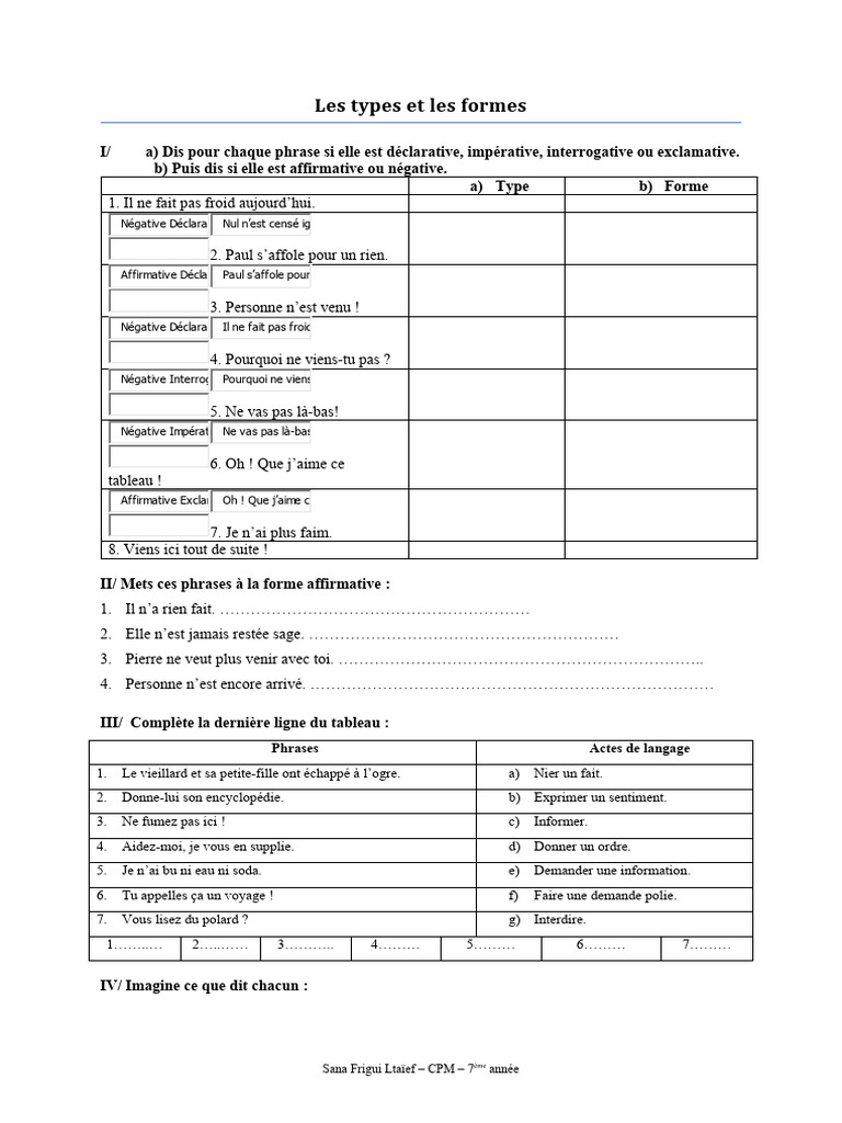Types et formes de phrases en 7ème année | PDF