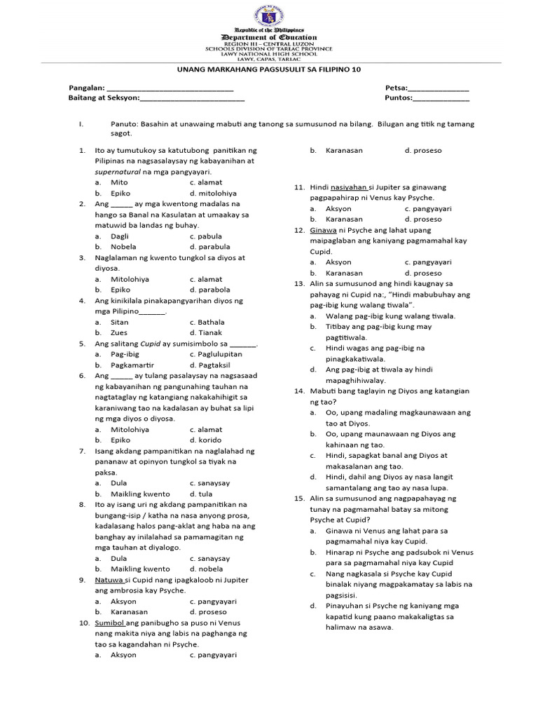 1st Quarter Test Fil 10 | PDF