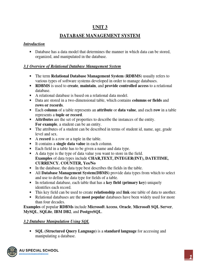 Ict Unit 3 Notes G12 1 1 Pdf Relational Database Sql