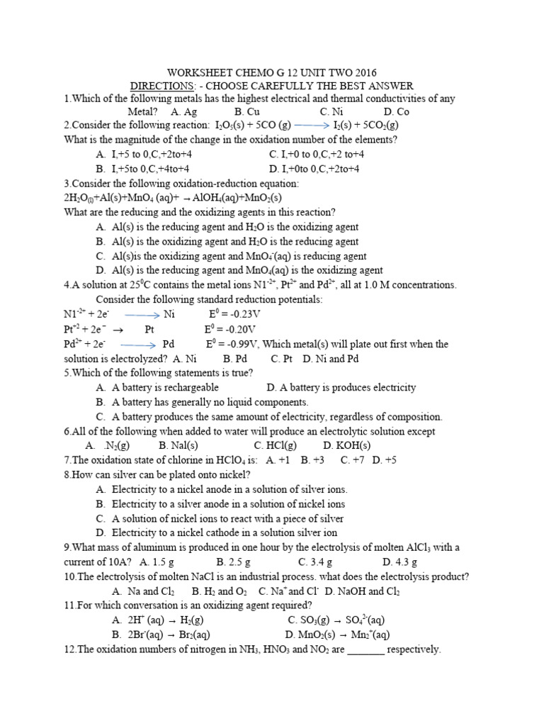 Worksheet Chemo G 12 Unit Tu 22 2016 | PDF | Anode | Redox