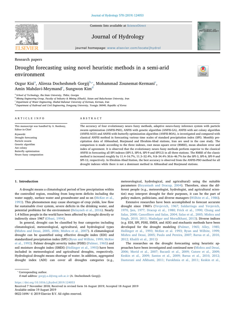 Drought Forecasting Using Novel Heuristic Methods In A Semi Arid Pdf Algorithms Applied
