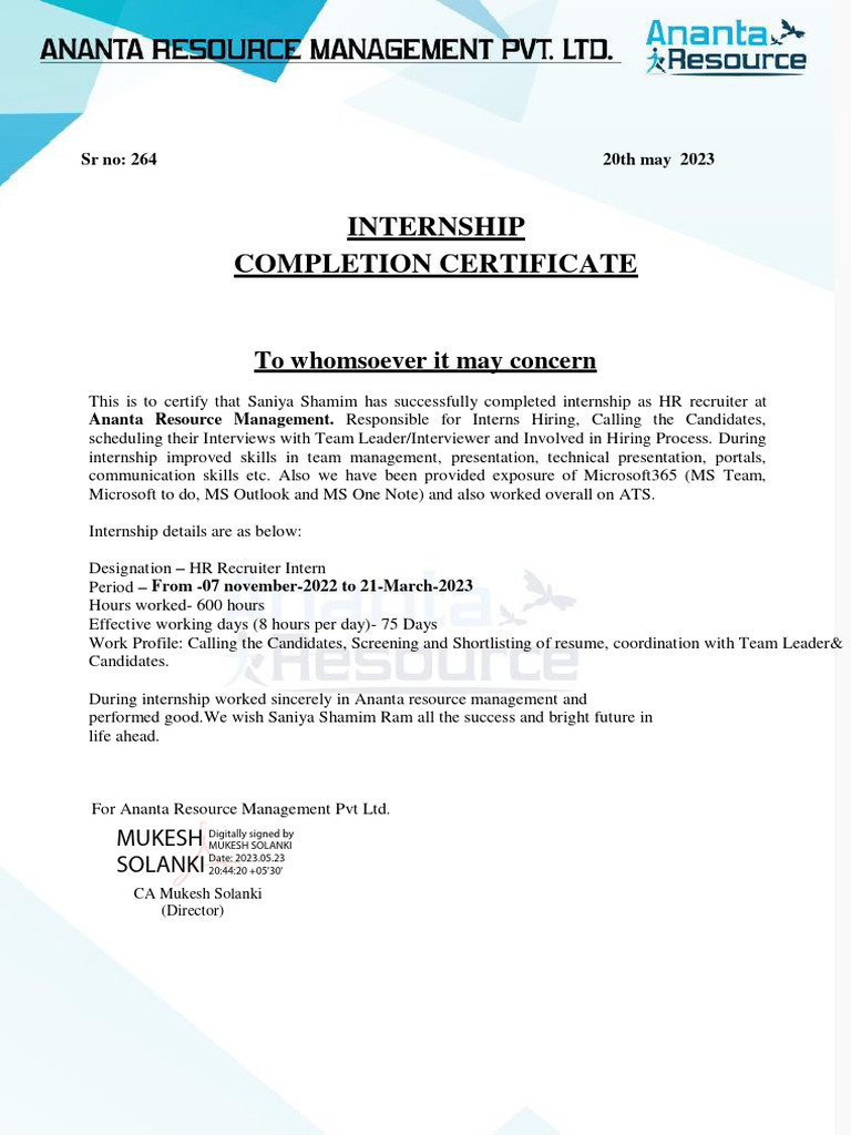 HR Internship Certificate | PDF