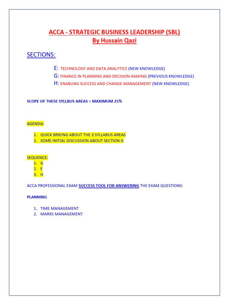 Sections:: Acca - Strategic Business Leadership (SBL) by Hussain Qazi ...