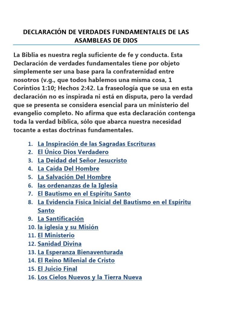 Las 16 Verdades Fundamentales de Las Asambleas de Dios | PDF | Religión y espiritualidad