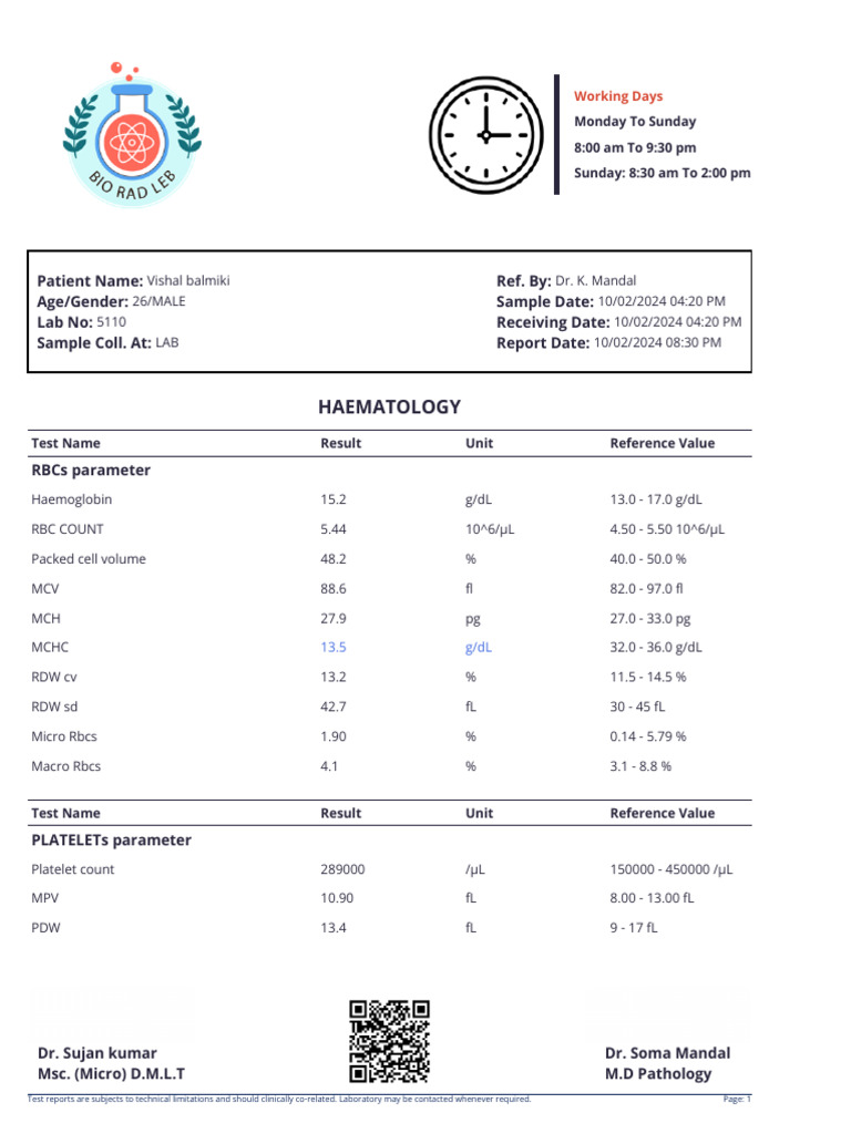 Haematology: Patient Name: Age/Gender: Lab No: Sample Coll. At: Ref. By ...