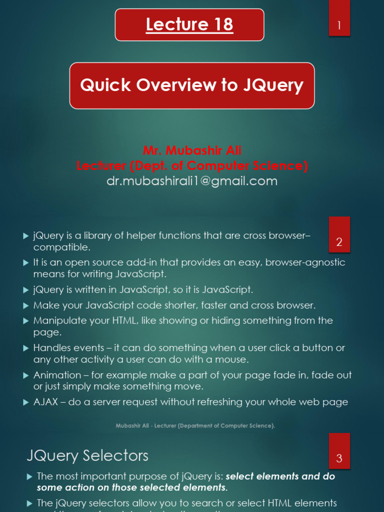 Lect 18 Quick Overview To JQuery | PDF | J Query | Internet Lect 18 Quick Overview To JQuery | PDF | J Query | Internet