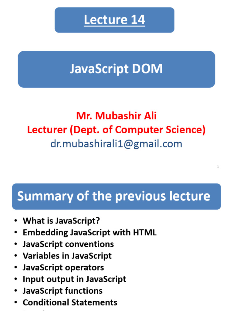 Lect 14 JavaScript DOM | PDF | Document Object Model | Html Lect 14 JavaScript DOM | PDF | Document Object Model | Html