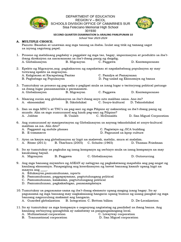 SECOND QUARTER EXAMINATION in ARALING PANLIPUNAN 10 | PDF