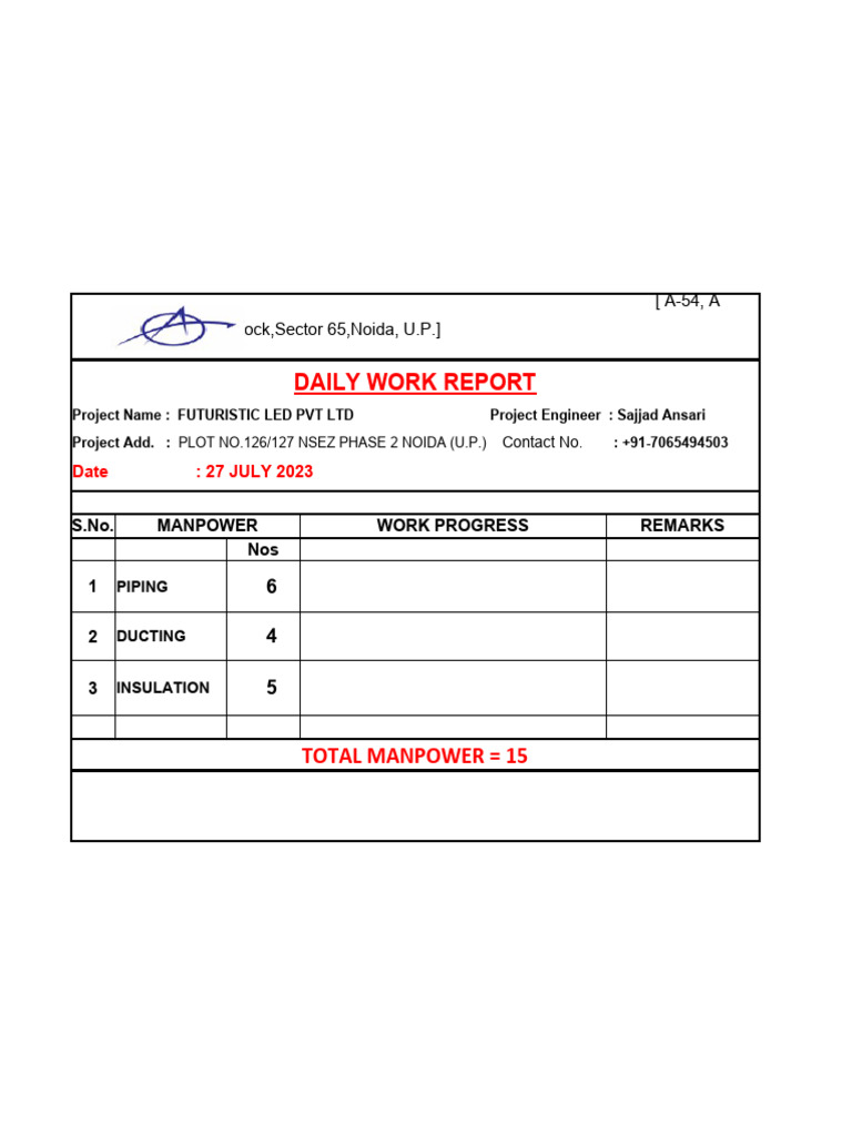 Ascent Aircon PVT LTD: Daily Work Report | PDF