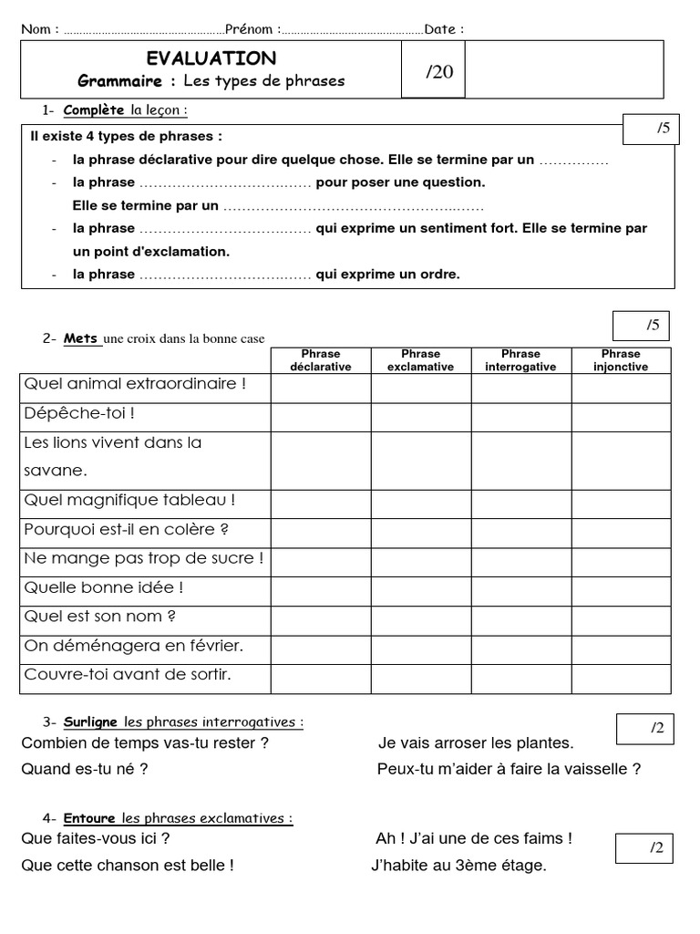 Évaluation des types de phrases CM1 | PDF | Phrase | Linguistique