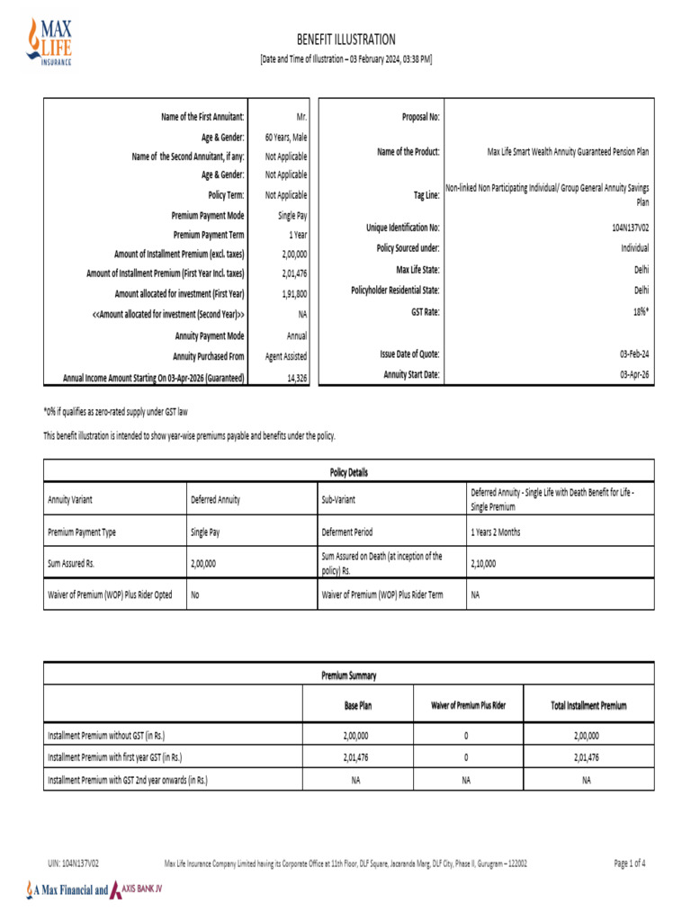 Benefit Illustration: UIN: 104N137V02 Page 1 of 4 | PDF | Insurance | Taxes