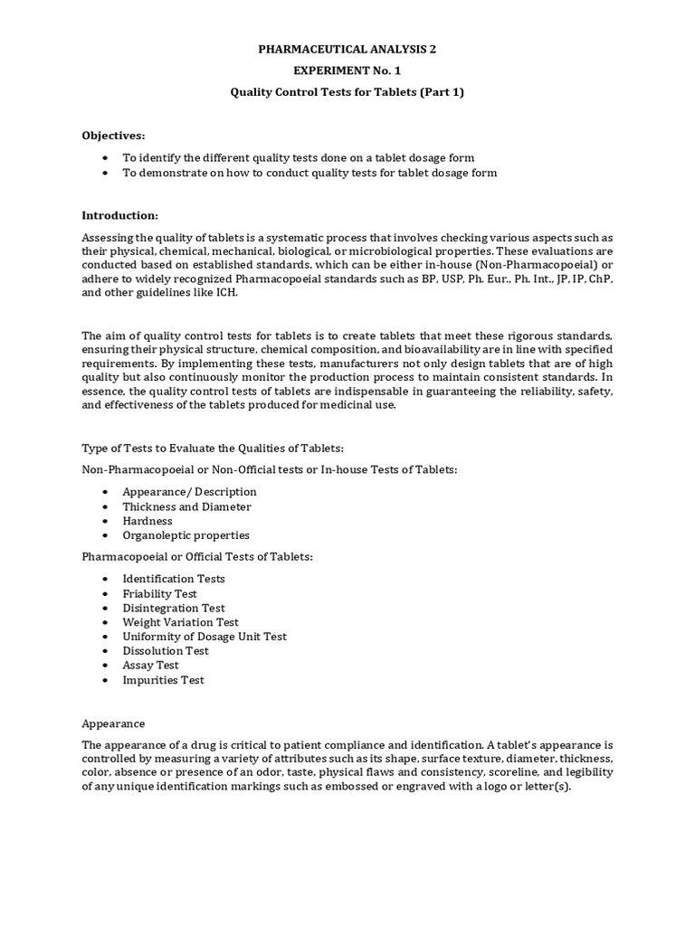 Quality Control Tests for Tablets | PDF | Tablet (Pharmacy) | Hardness