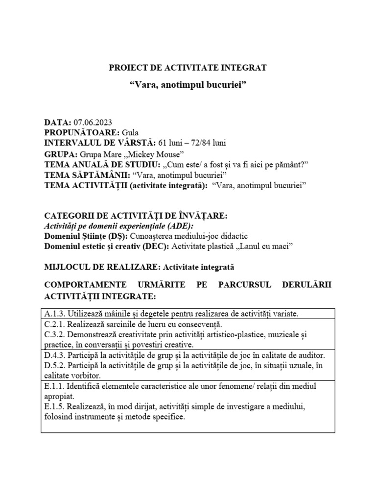 74 Proiect de Activitate Integrata | PDF