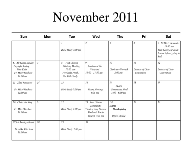 November 2011 Church Events Calendar | PDF | Social Science