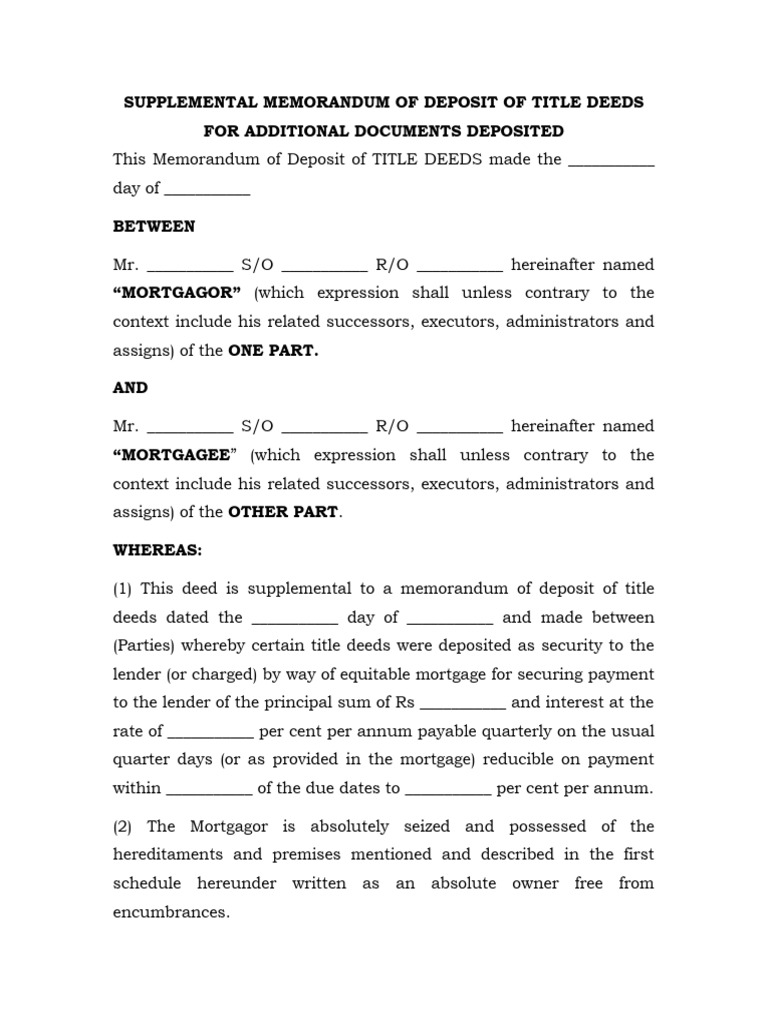 Supplemental Memorandum of Deposit of Title Deeds For Additional ...