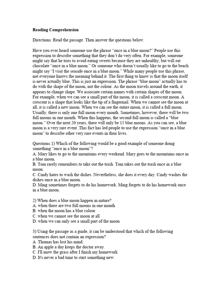 IEF Premiere 2 Reading Comprehension Once in A Blue Moon | Download ...