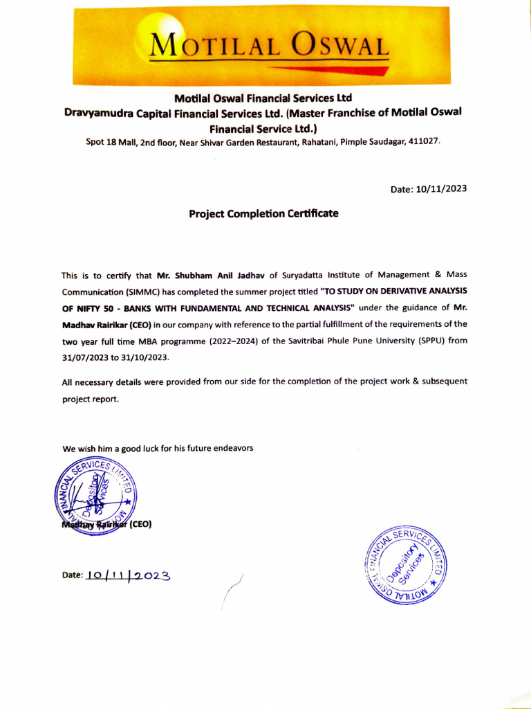 MOFS Internship Certification Certificate | PDF