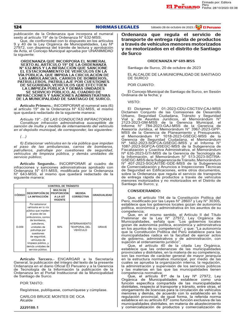Ordenanza Que Regula El Servicio de Transporte de Entrega Rápida en Surco | PDF | Licencia de ...