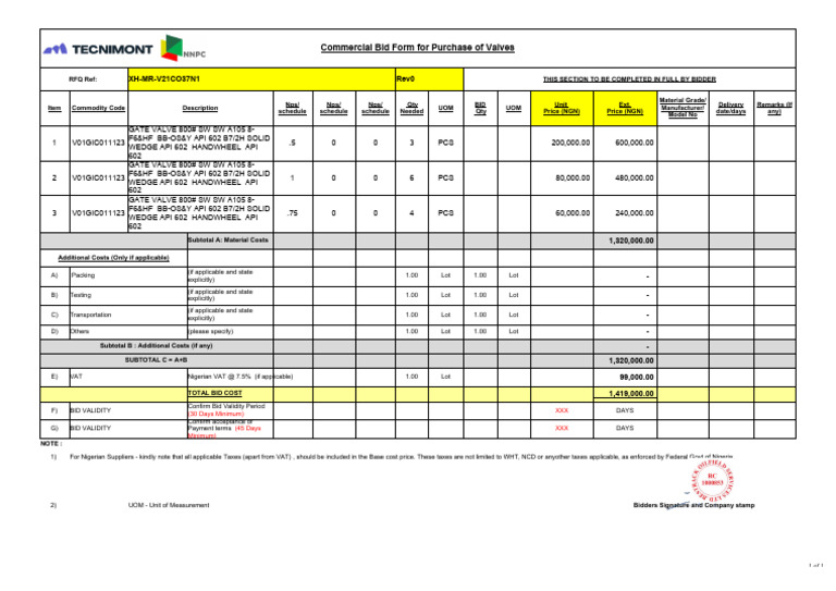 Commercial Bid Form For XH-MR-V21CO37N1 - Valves | PDF | Trade | Market ...