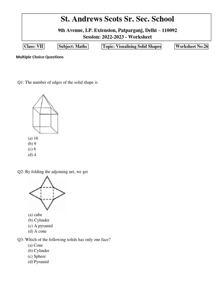 Maths - Ch-15 Visualising Solid Shapes WS-26 (VII) | PDF