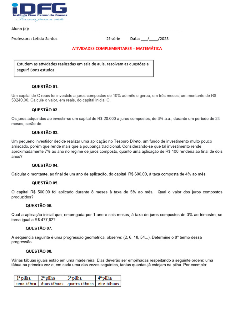 Atividade Complementar - 2a Unidade | PDF | Juros | Árvores