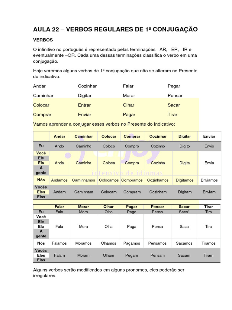 Aula 22 Verbos Regulares De 1 Conjugação Pdf