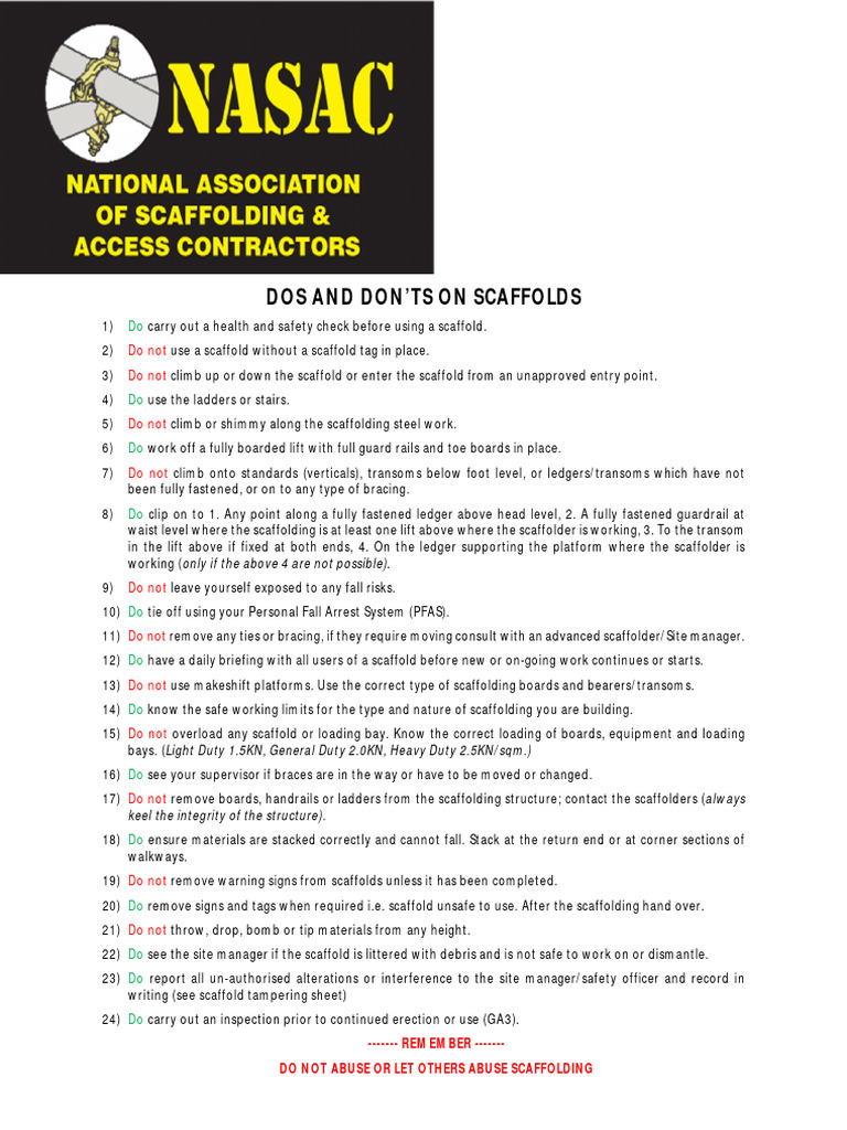 Scaffolding Safety Dos and Don'ts Guide | PDF | Scaffolding | Equipment