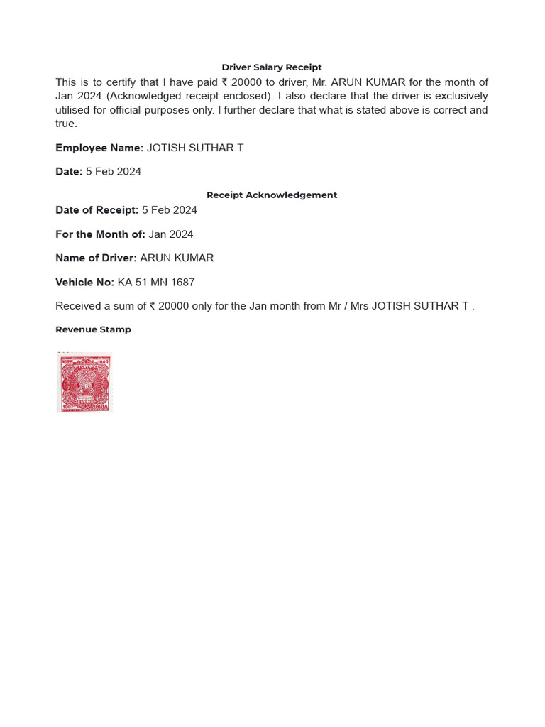 Driver Salary Receipt | PDF