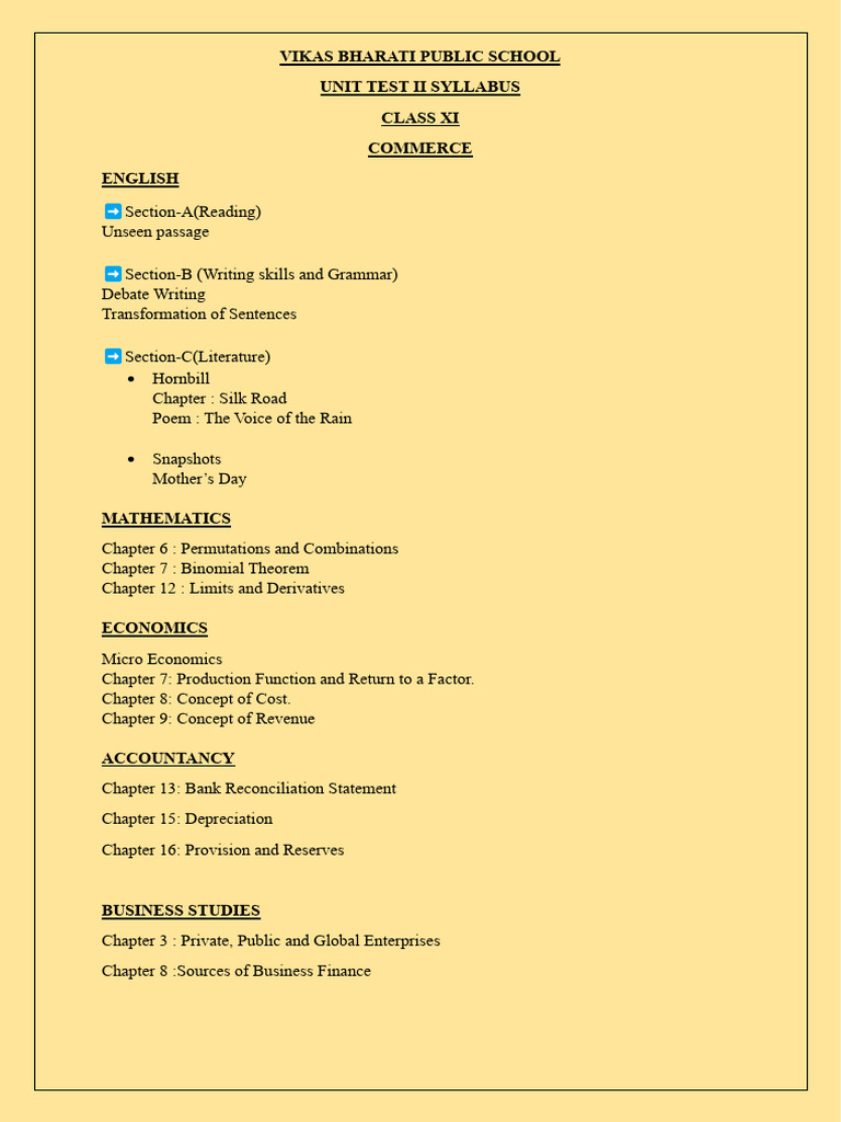 Ut 2 Syllabus Class Xi Commerce 2023-24 | PDF